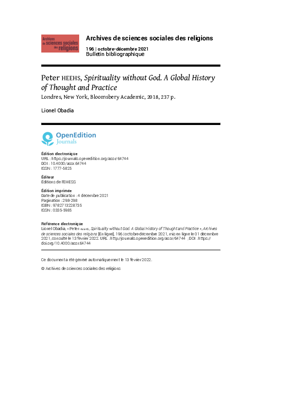 (PDF) Peter Heehs, Spirituality without God. A Global History of ...