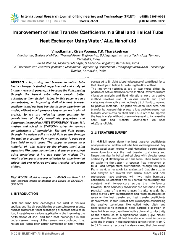 Pdf Improvement Of Heat Transfer Coefficients In A Shell And Helical
