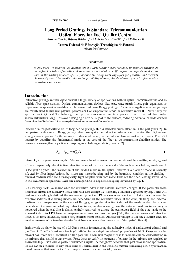 (PDF) Long Period Gratings in Standard Telecommunication Optical Fibers for Fuel Quality Control