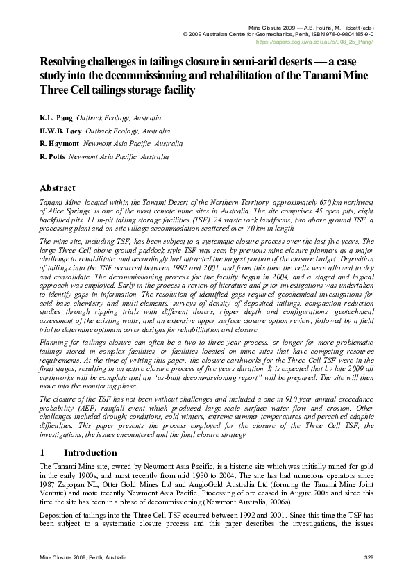 (PDF) Resolving challenges in tailings closure in semi-arid deserts — a case study into the ...