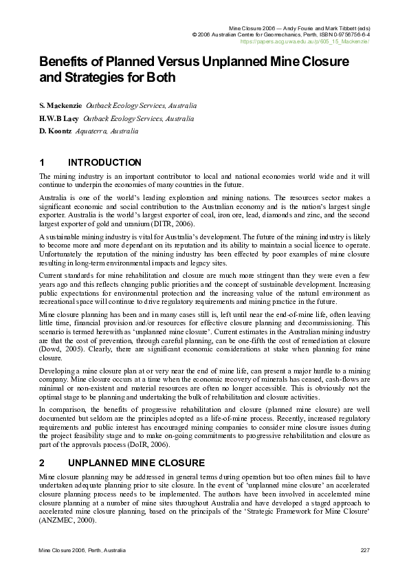(PDF) Benefits of Planned Versus Unplanned Mine Closure and Strategies ...