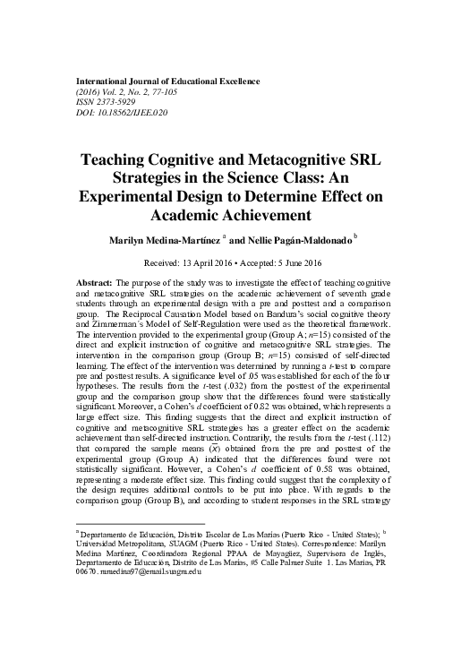 Pdf Teaching Cognitive And Metacognitive Srl Strategies In The Science Class An Experimental
