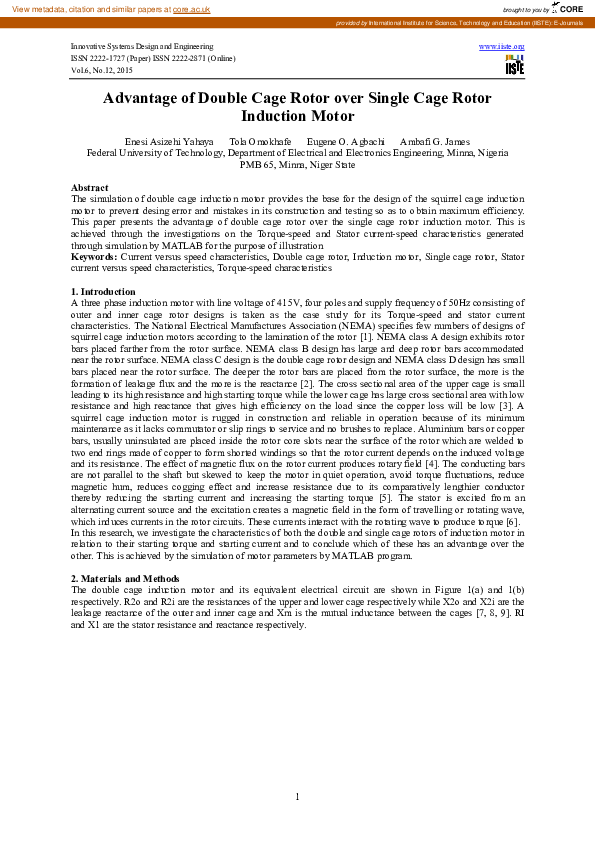 (PDF) Advantage of Double Cage Rotor over Single Cage Rotor Induction Motor