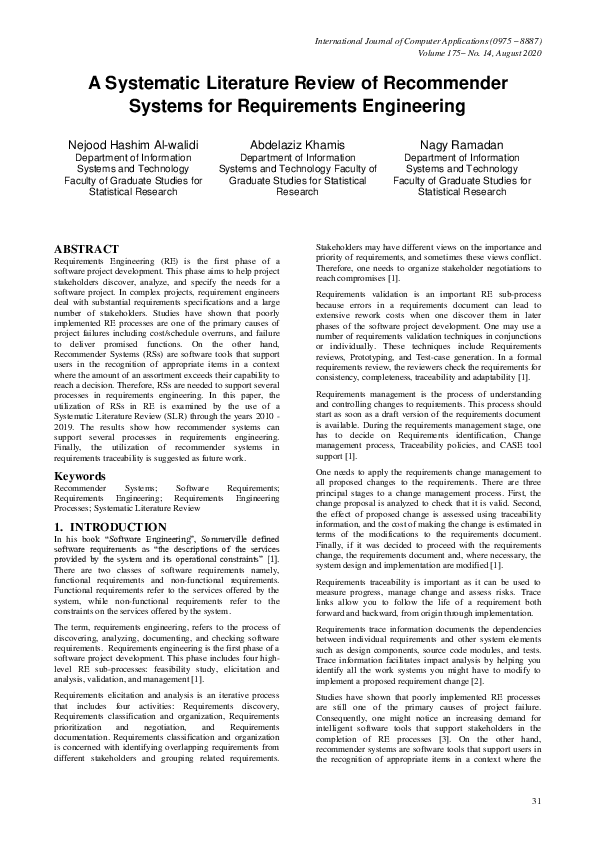 (PDF) A Systematic Literature Review of Recommender Systems for Requirements Engineering