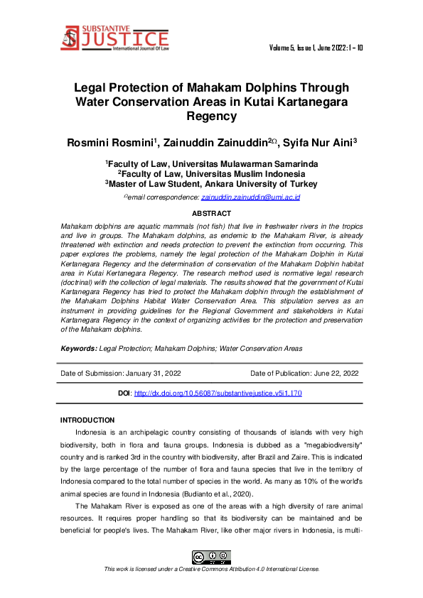 (PDF) Legal Protection of Mahakam Dolphins Through Water Conservation Areas in Kutai Kartanegara ...