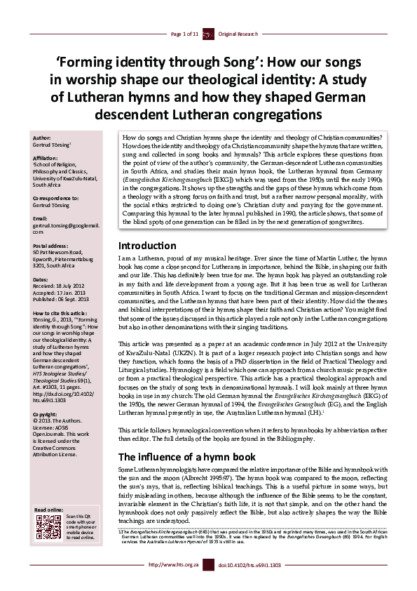 (PDF) ‘Forming identity through Song’: How our songs in worship shape ...