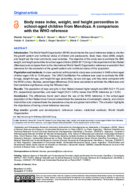 (PDF) Body mass index, weight, and height percentiles in school-aged children from Mendoza. A ...