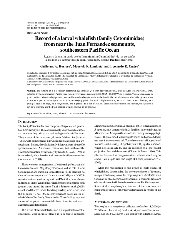(PDF) Record of a larval whalefish (family Cetomimidae) from near the ...
