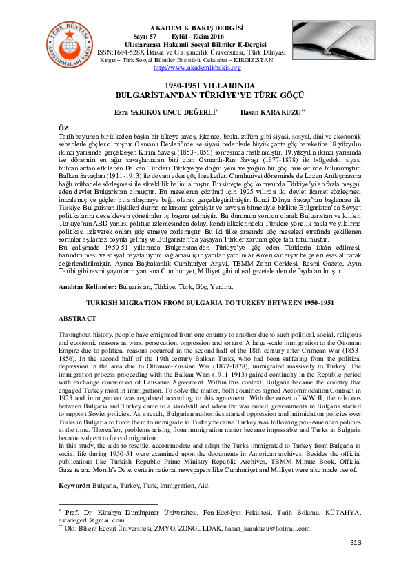 (PDF) Turkish Migration from Bulgaria to Turkey Between 1950-1951