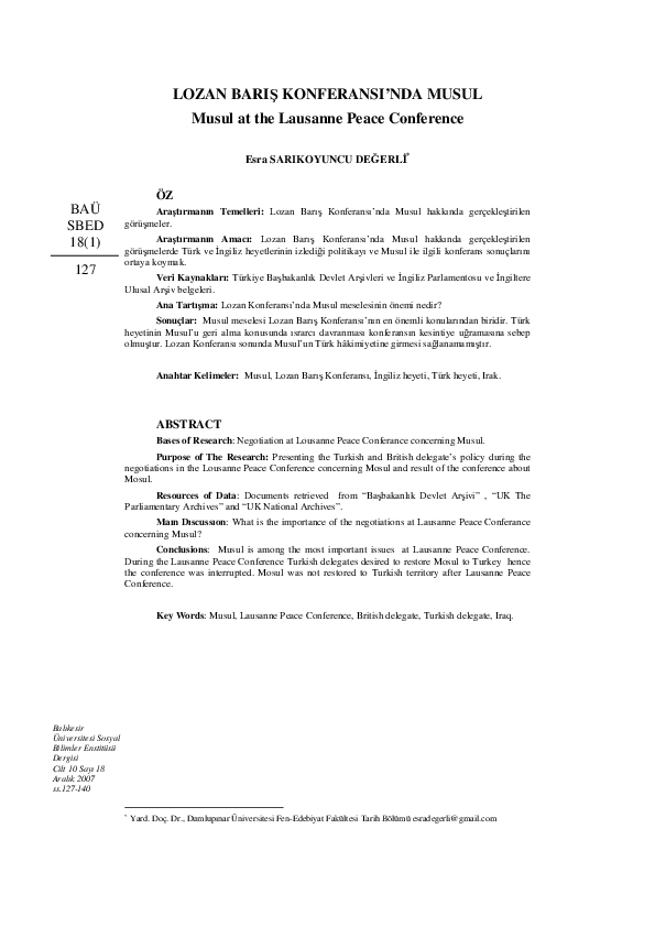 (PDF) Lozan Bariş Konferansi’Nda Musul