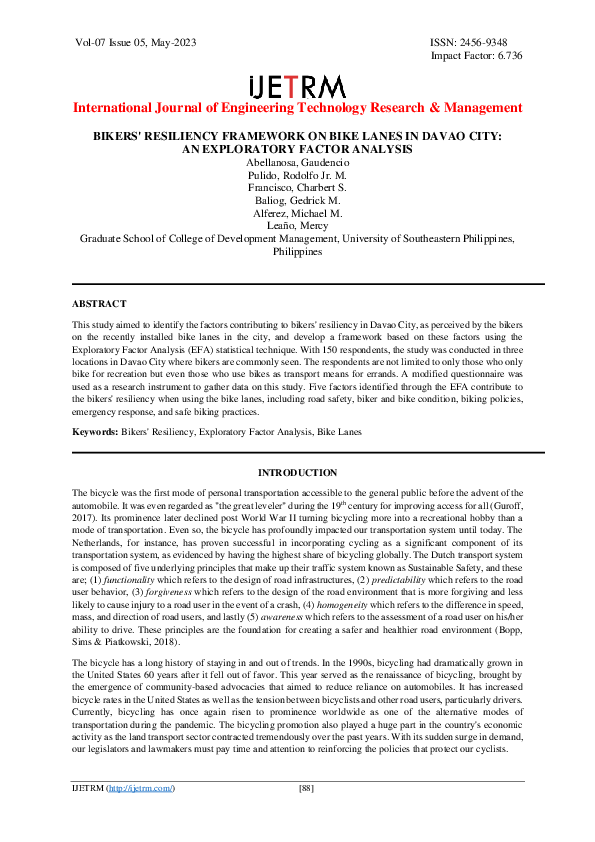 (PDF) Bikers' Resiliency Framework on Bike Lanes in Davao City: An ...
