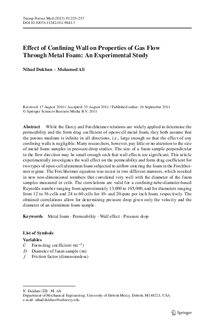 (PDF) Effect of Confining Wall on Properties of Gas Flow Through Metal ...