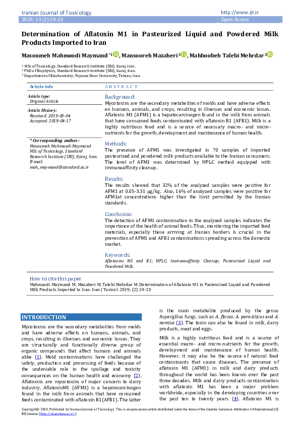 Pdf Determination Of Aflatoxin M1 In Pasteurized Liquid And Powdered