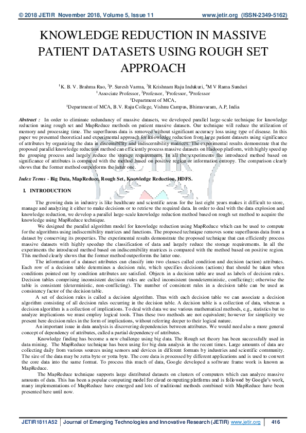 (PDF) Knowledge Reduction in Massive Patient Datasets Using Rough Set Approach | Rama Sundari MV ...