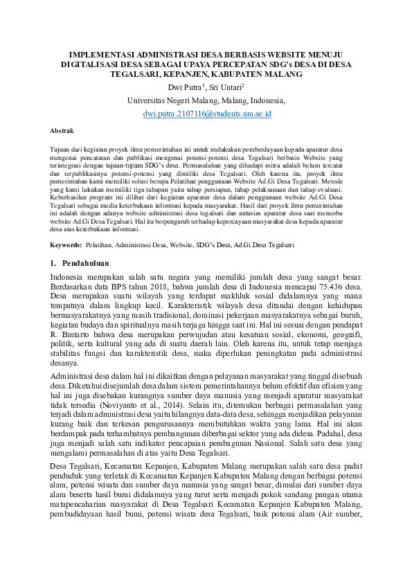 (PDF) IMPLEMENTASI ADMINISTRASI DESA BERBASIS WEBSITE MENUJU DIGITALISASI DESA SEBAGAI UPAYA ...