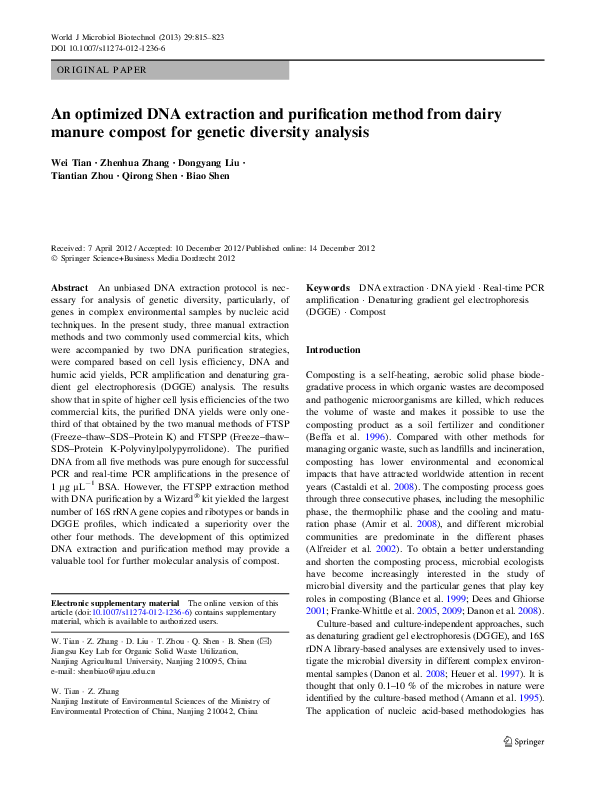 (PDF) Optimized DNA Extraction from Dairy Manure