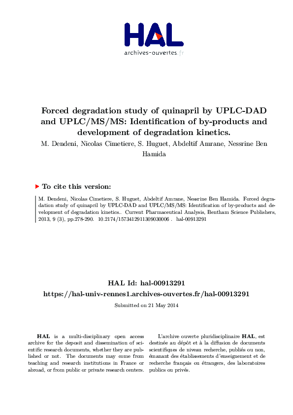 (PDF) Forced Degradation Study of Quinapril by UPLC-DAD and UPLC/ MS/MS: Identification of By ...
