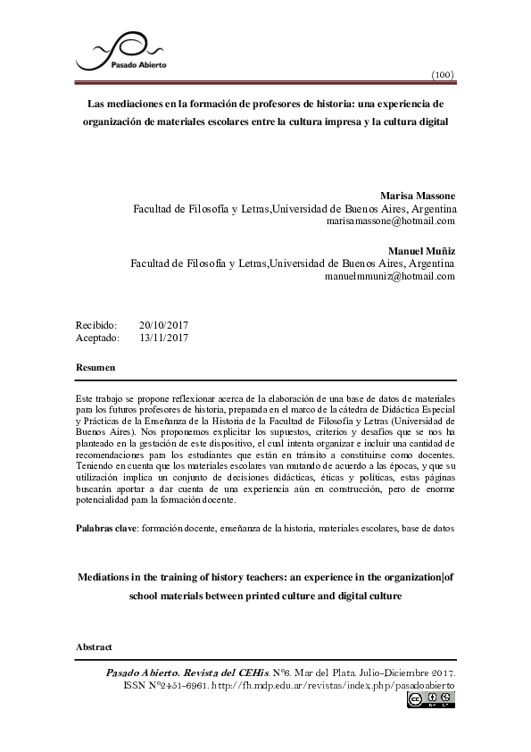 (PDF) Las mediaciones en la formación de profesores de historia: una experiencia de organización ...