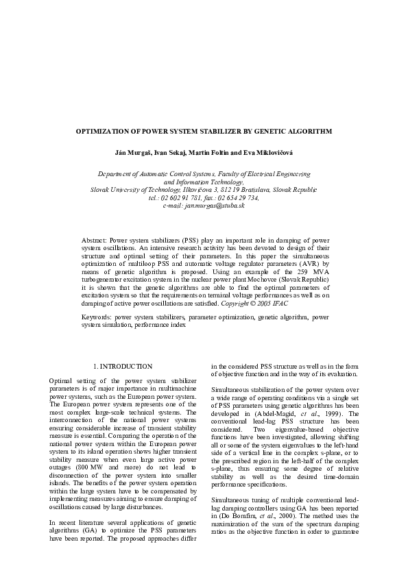 (PDF) Optimization of Power System Stabilizer by Genetic Algorithm