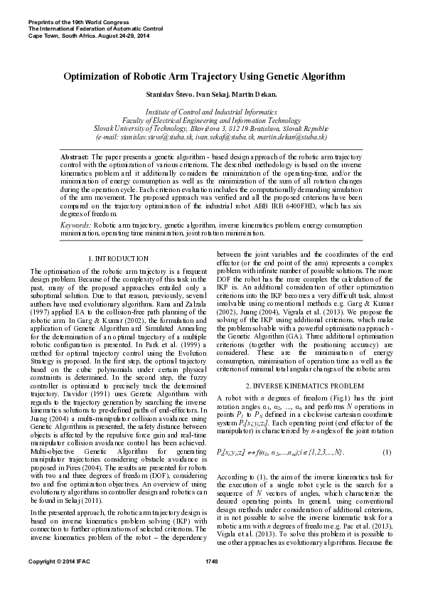 Pdf Optimization Of Robotic Arm Trajectory Using Genetic Algorithm