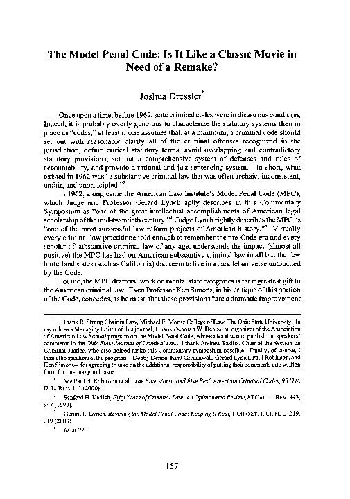 (PDF) The Model Penal Code: Is It Like a Classic Movie in Need of a Remake?