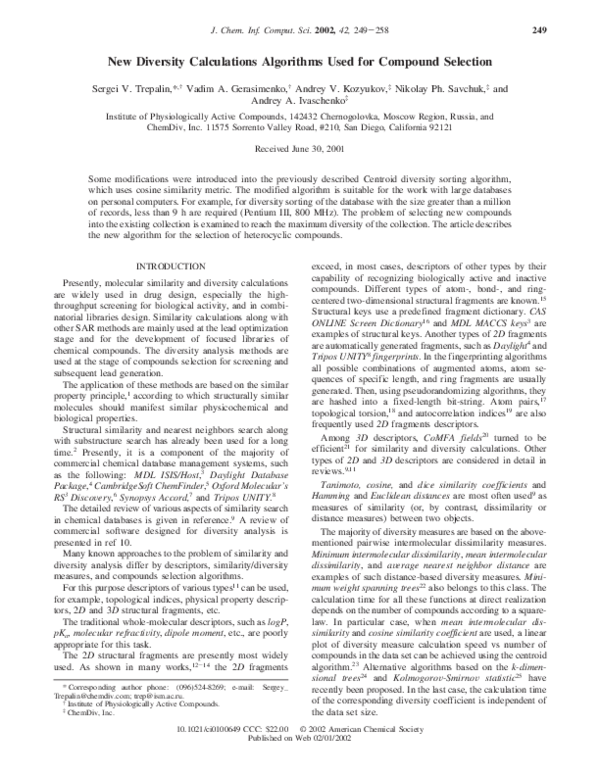 (PDF) New Diversity Calculations Algorithms Used for Compound Selection