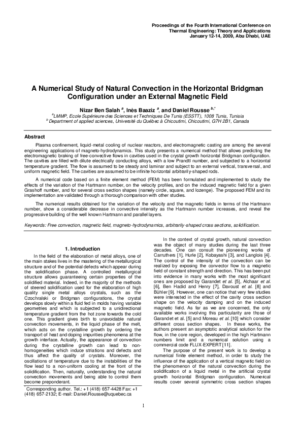 (PDF) A numerical study of natural convection in the horizontal bridgman configuration under an ...