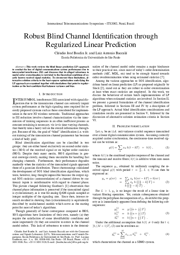 (PDF) Robust blind channel identification through regularized linear prediction