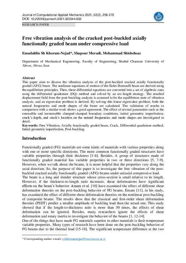 (PDF) Free vibration analysis of the cracked post-buckled axially functionally graded beam under ...