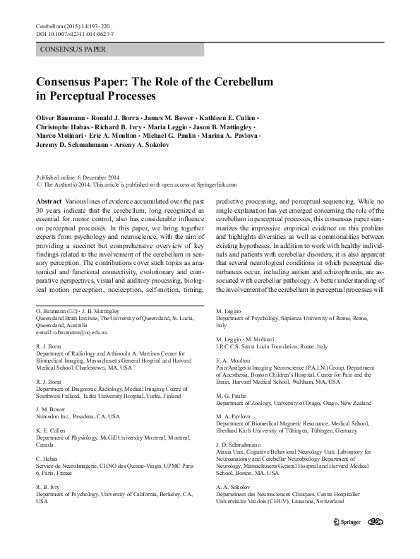 (PDF) Consensus Paper: The Role of the Cerebellum in Perceptual Processes
