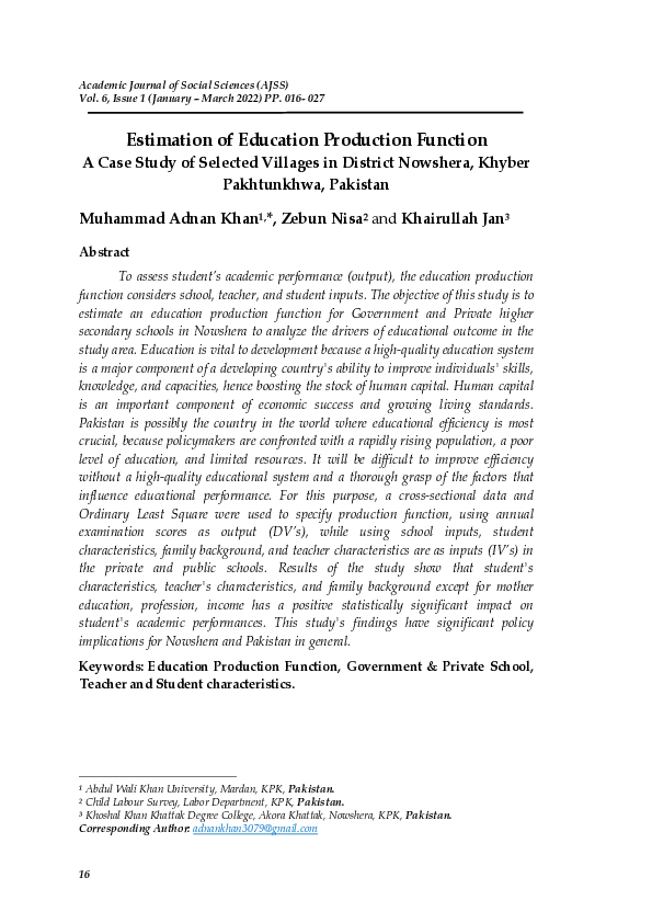 (PDF) Estimation of Education Production Function: A Case Study of ...