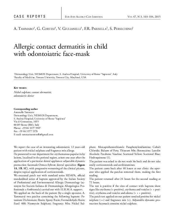 (PDF) Allergic contact dermatitis in child with odontoiatric face-mask
