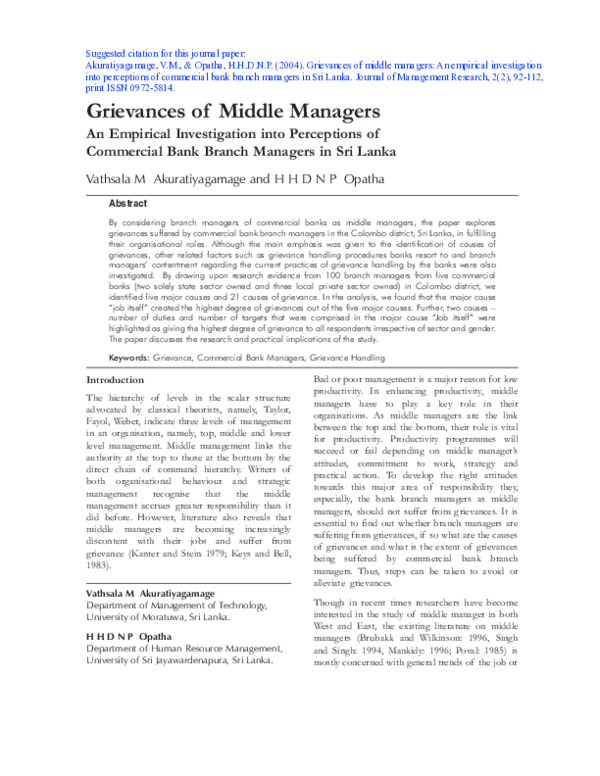 (PDF) Grievances of Middle Managers An Empirical Investigation into ...