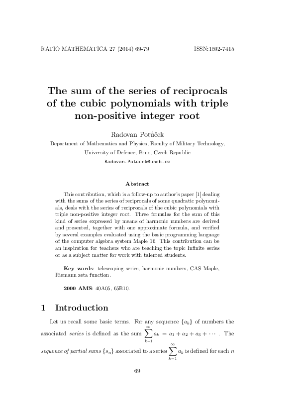 (PDF) The sum of the series of reciprocals of the cubic polynomials ...