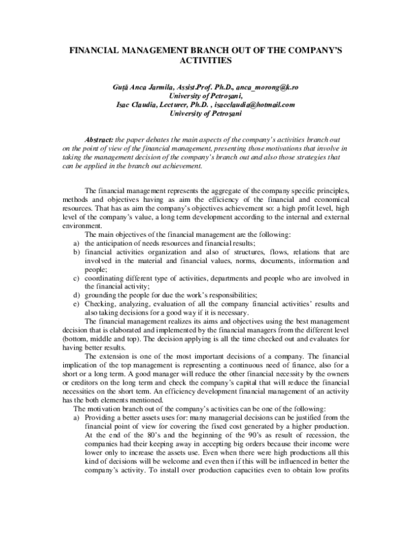 (PDF) Financial Management Branch Out Of The Company’s Activities