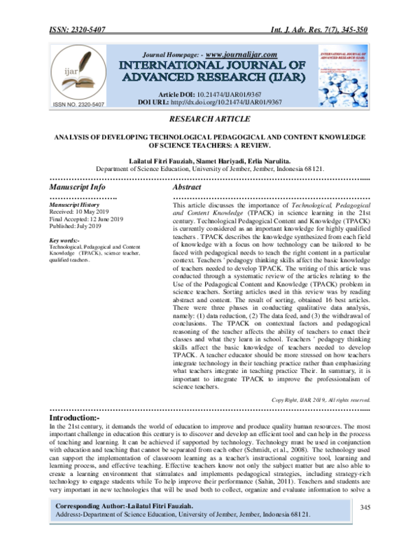 (PDF) Analysis of Developing Technological Pedagogical and Content Knowledge of Science Teachers ...