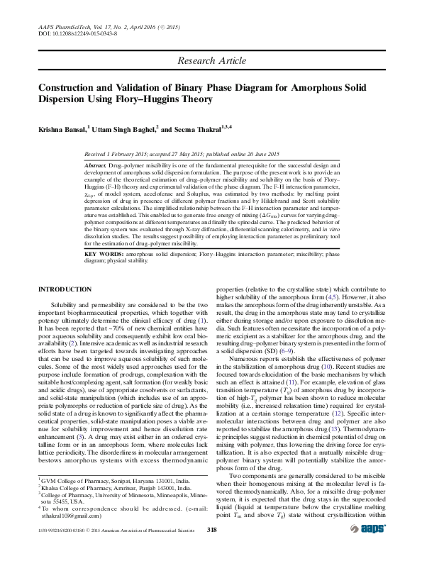 (PDF) Construction and Validation of Binary Phase Diagram for Amorphous Solid Dispersion Using ...