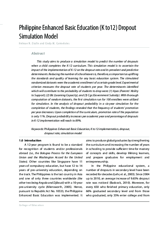 (PDF) Philippine Enhanced Basic Education (K to12) Dropout Simulation Model