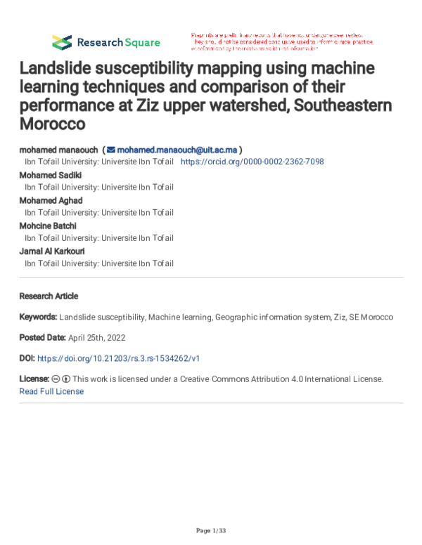 (PDF) Landslide susceptibility mapping using machine learning techniques and comparison of their ...