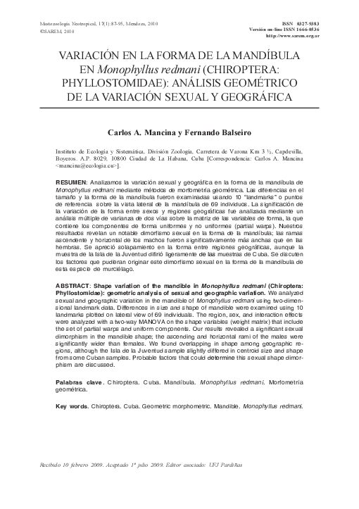 (PDF) Variación en la forma de la mandíbula en Monophyllus redmani ...