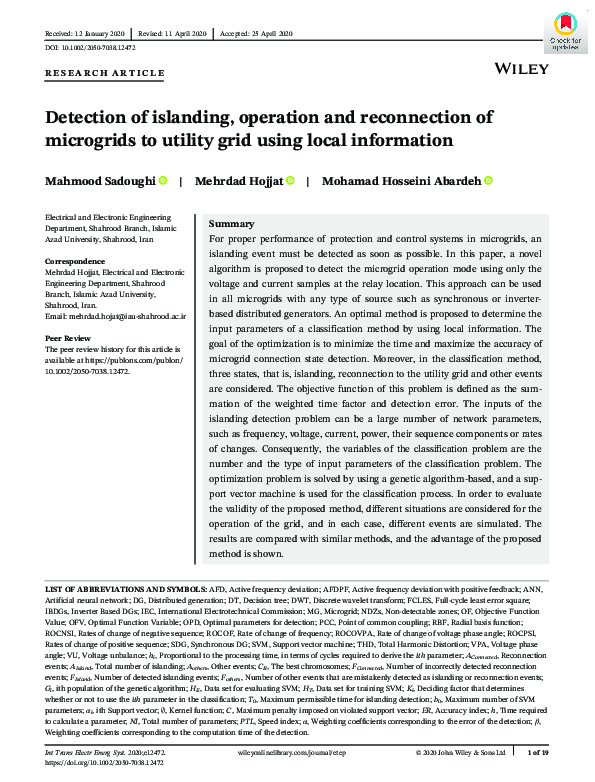 Pdf Detection Of Islanding Operation And Reconnection Of Microgrids To Utility Grid Using