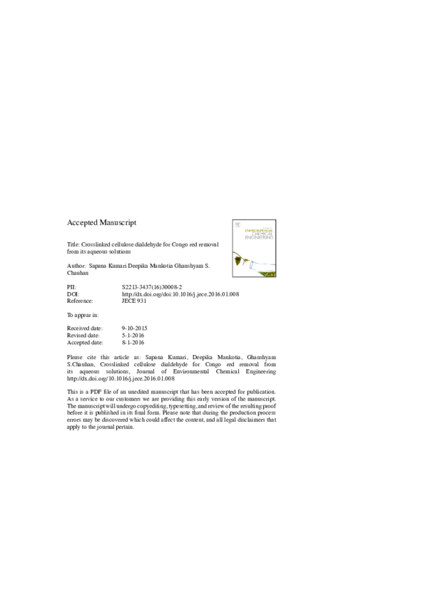 (PDF) Crosslinked cellulose dialdehyde for Congo red removal from its ...