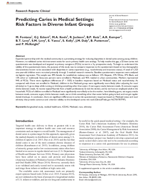 (PDF) Predicting Caries in Medical Settings: Risk Factors in Diverse ...
