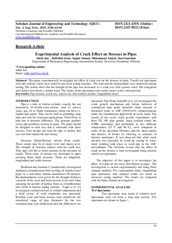 (PDF) Experimental Analysis of Crack Effect on Stresses in Pipes