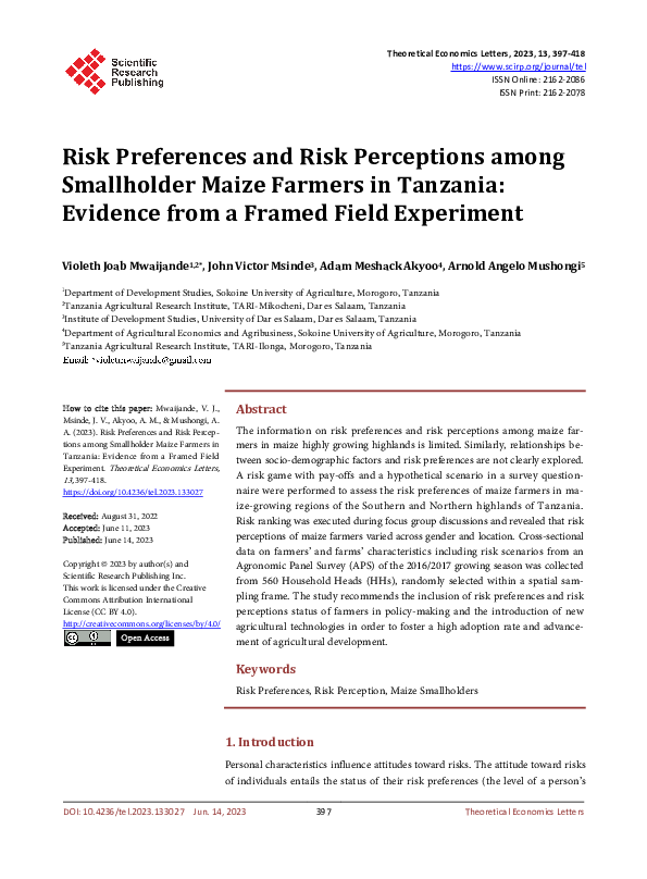 (PDF) Risk Preferences and Risk Perceptions among Smallholder Maize Farmers in Tanzania ...