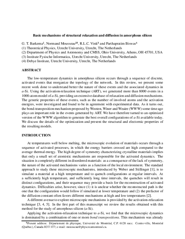 (PDF) Basic mechanisms of structural relaxation and diffusion in ...