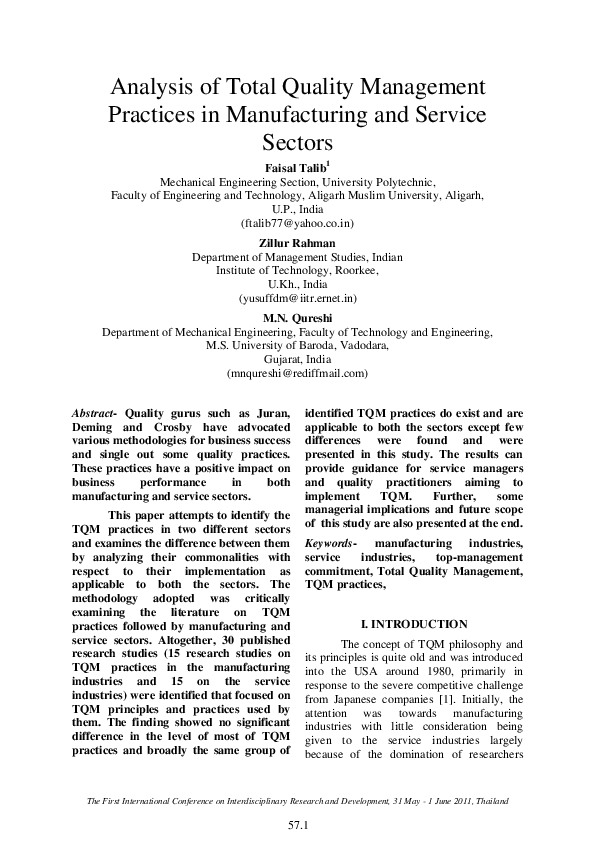 (PDF) Total quality management practices in manufacturing and service industries: a comparative ...