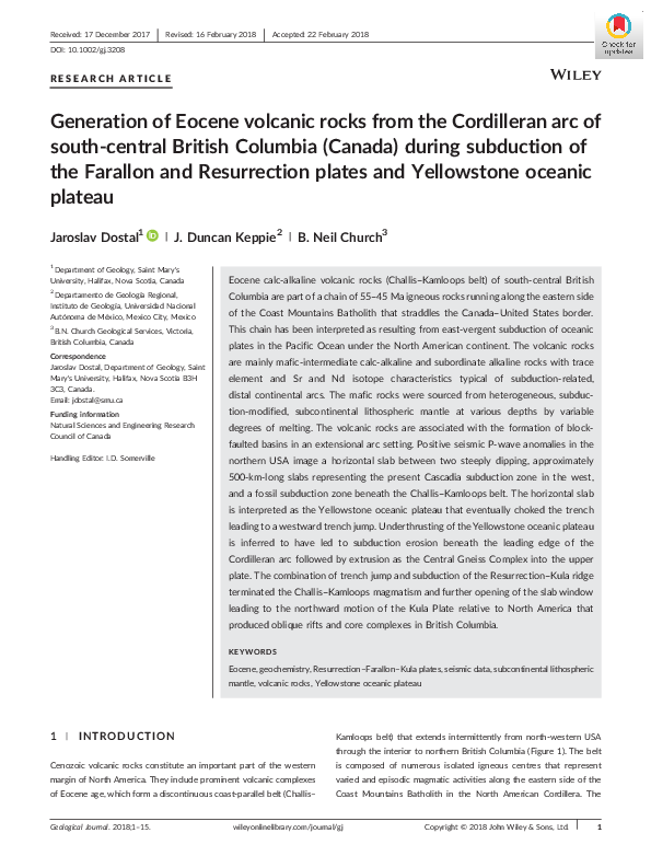 (PDF) Generation of Eocene volcanic rocks from the Cordilleran arc of ...