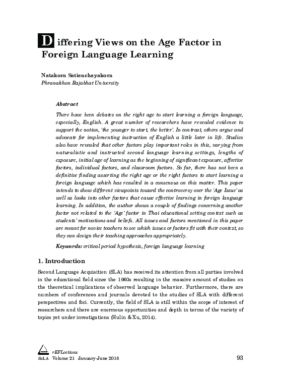 (PDF) Differing Views on the Age Factor in Foreign Language Learning