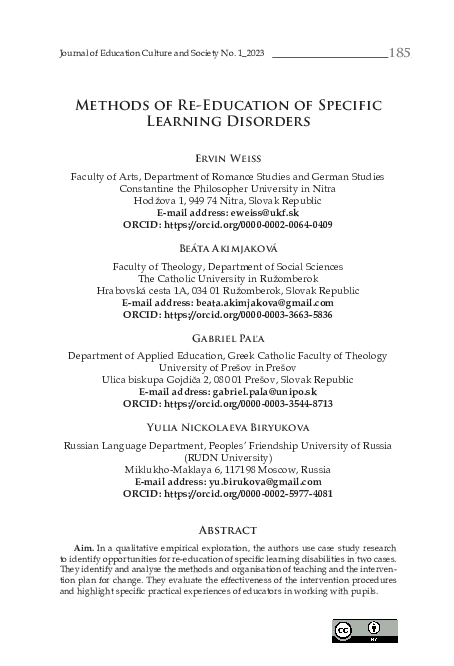 (PDF) Methods of Re-Education of Specific Learning Disorders | Gabriel Paľa and Ervin Weiss ...
